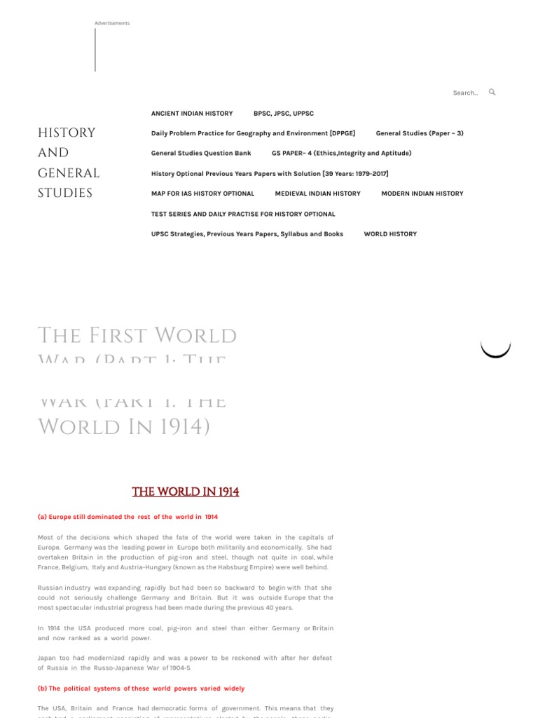 The First World War (Part 1 - The World in 1914) - History and General ...