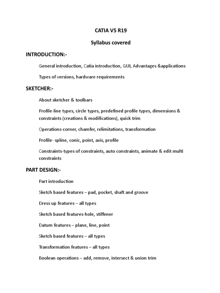 Catia V5 R19 Syllabus Covered Introduction | PDF