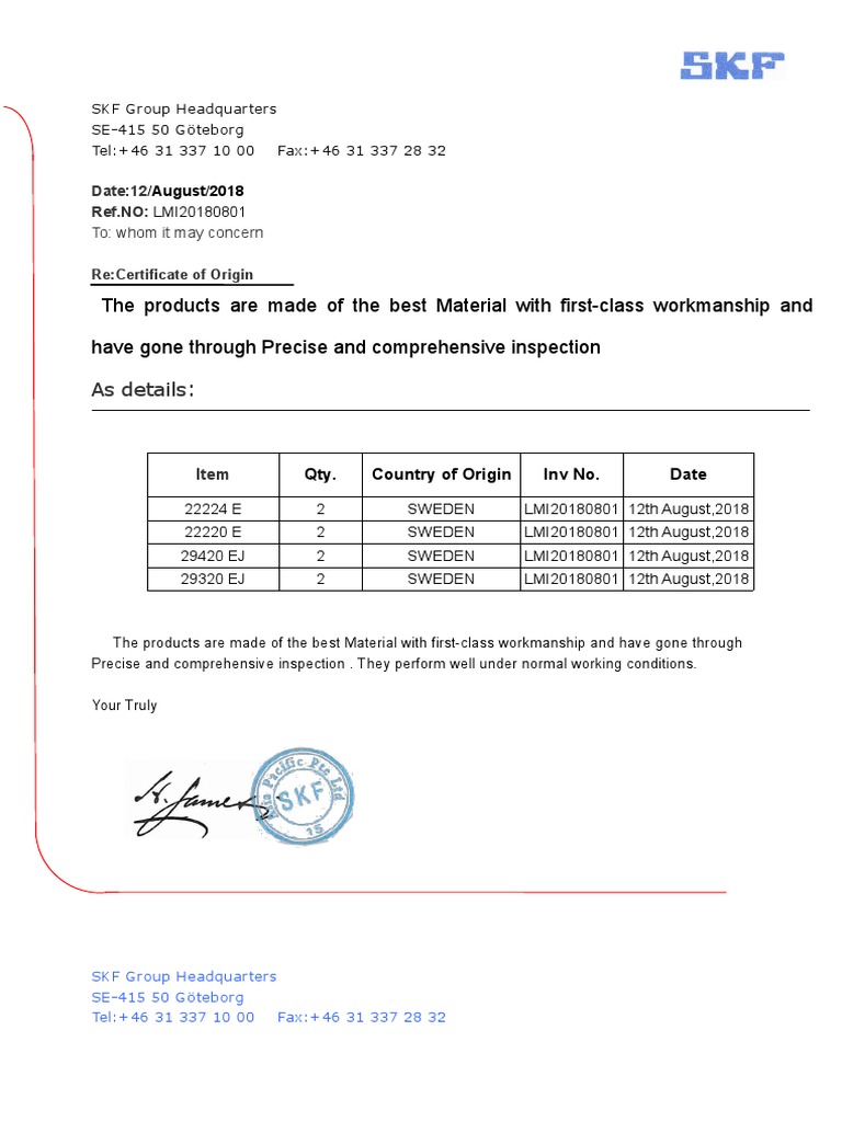 SKF Certificate of Origin (1)