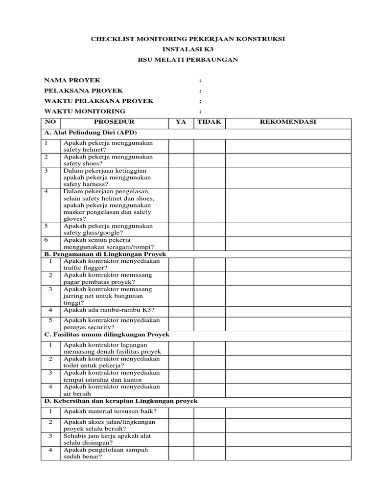 MONITORING CHECKLIST K3 PADA PROYEK KONSTRUKSI DI RSU MELATI PERBAUNGAN ...