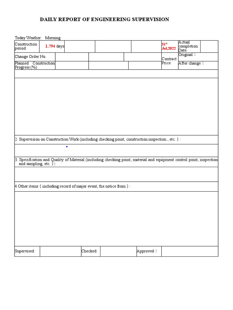 Daily Report of Engineering Supervision | PDF