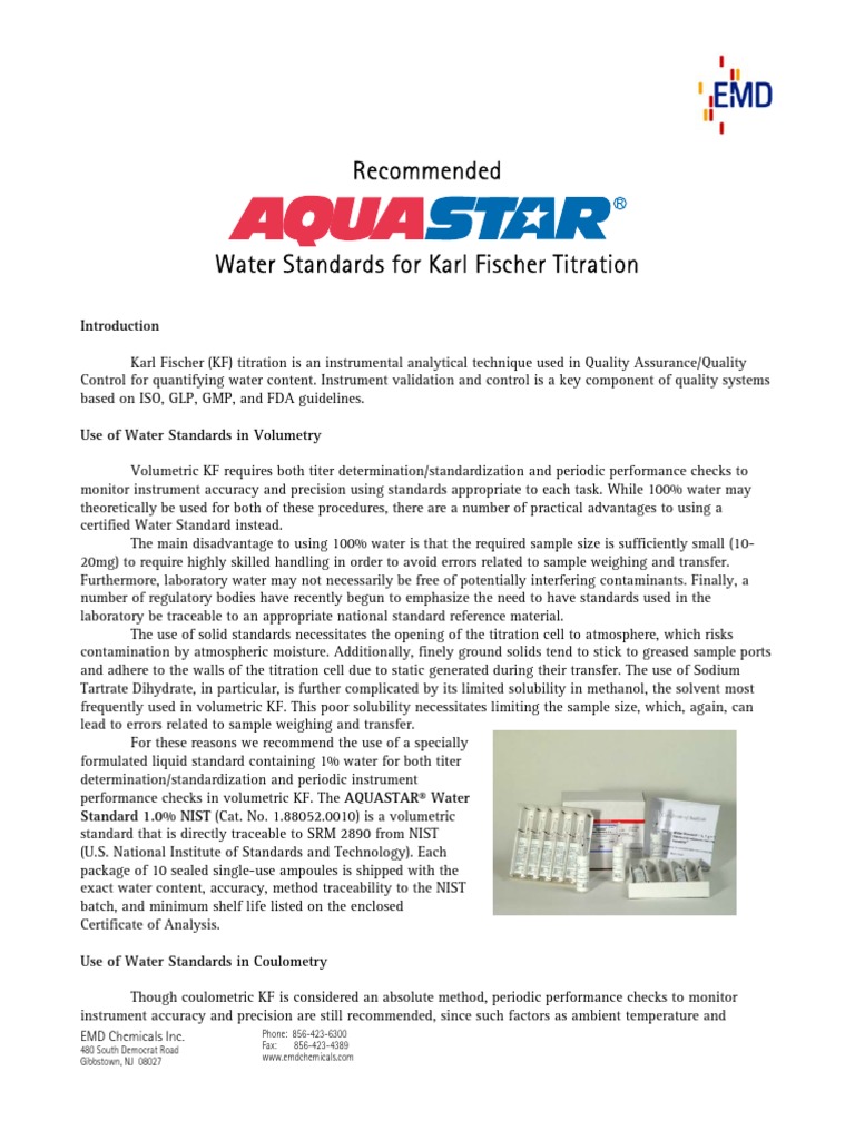 AQUASTAR Recommended Water Standards 070207 | PDF | Titration | Chemistry