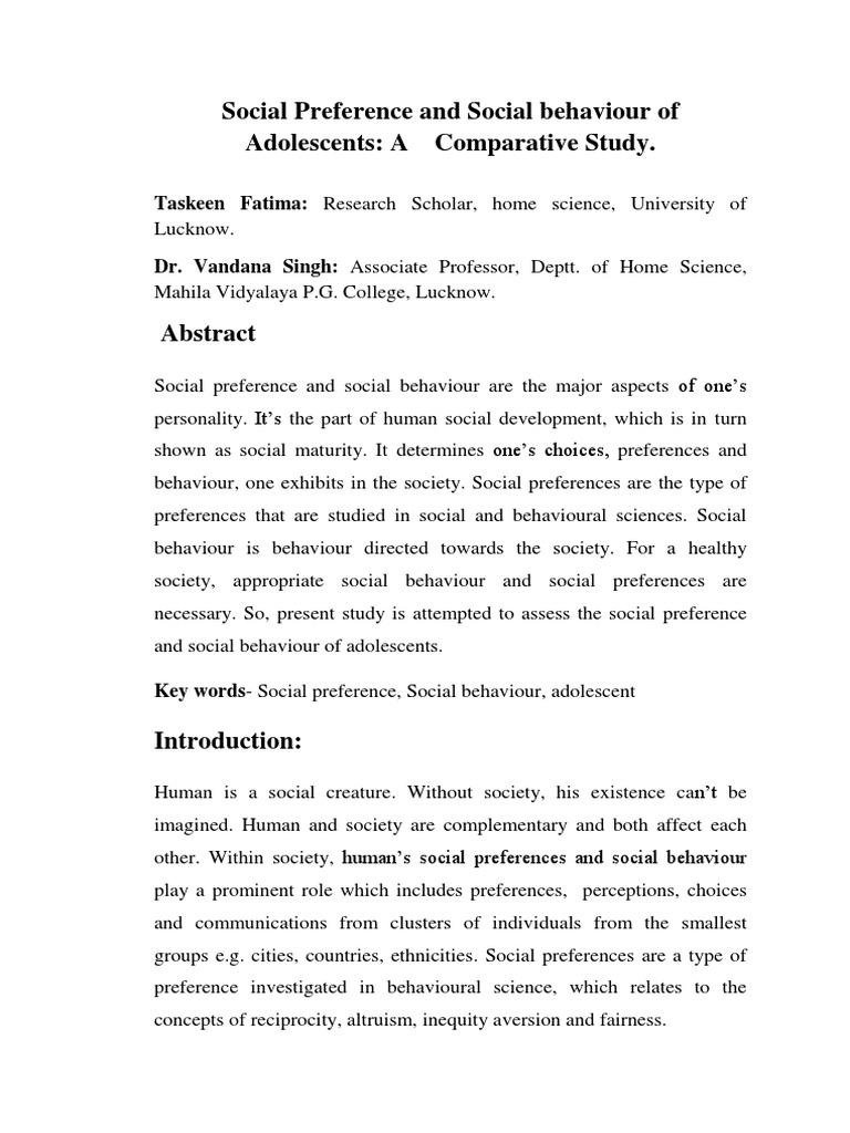 Social Prefernce and Social Beh...... | PDF | Adolescence | Statistics
