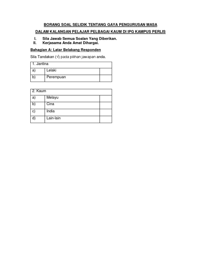 Borang Soal Selidik Tentang Gaya Pengurusan Masa | PDF