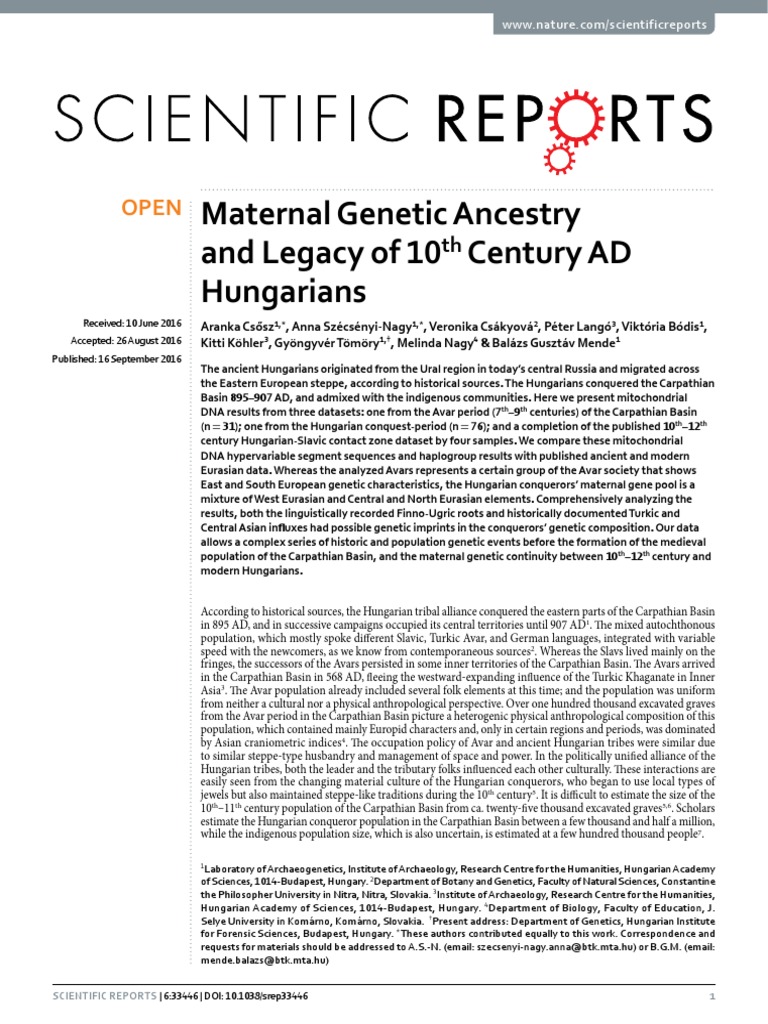 Maternal Ancestry of 10 Century Hungarians | PDF | Hungarians | Central ...