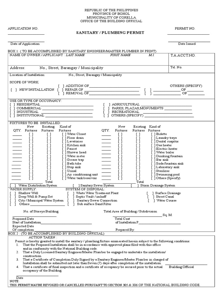Sanitary/Plumbing Permit Form | PDF | Plumbing | Sewage Treatment