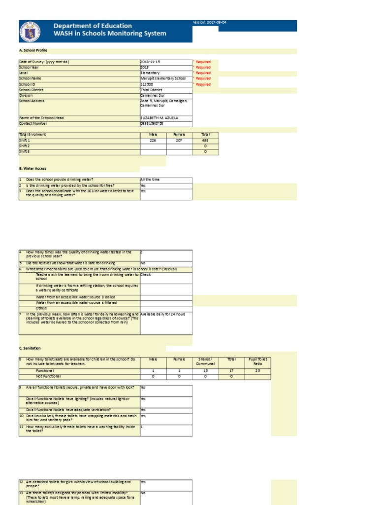 WinS Monitoring Form v2017!05!25 | PDF | Drinking Water | Hand Washing