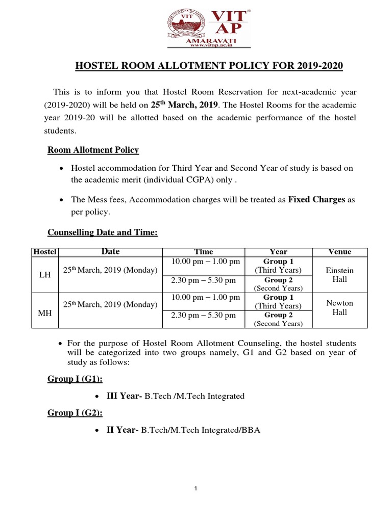 VIT-AP Hostel Room Allotment Policy 2019-2020 Final | PDF | Service ...