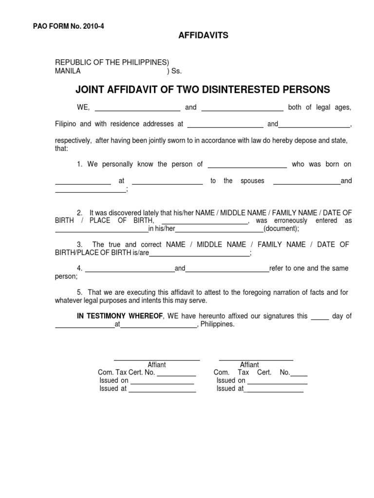 2 Joint Affidavits of Two Disinterested Persons | PDF | Affidavit ...