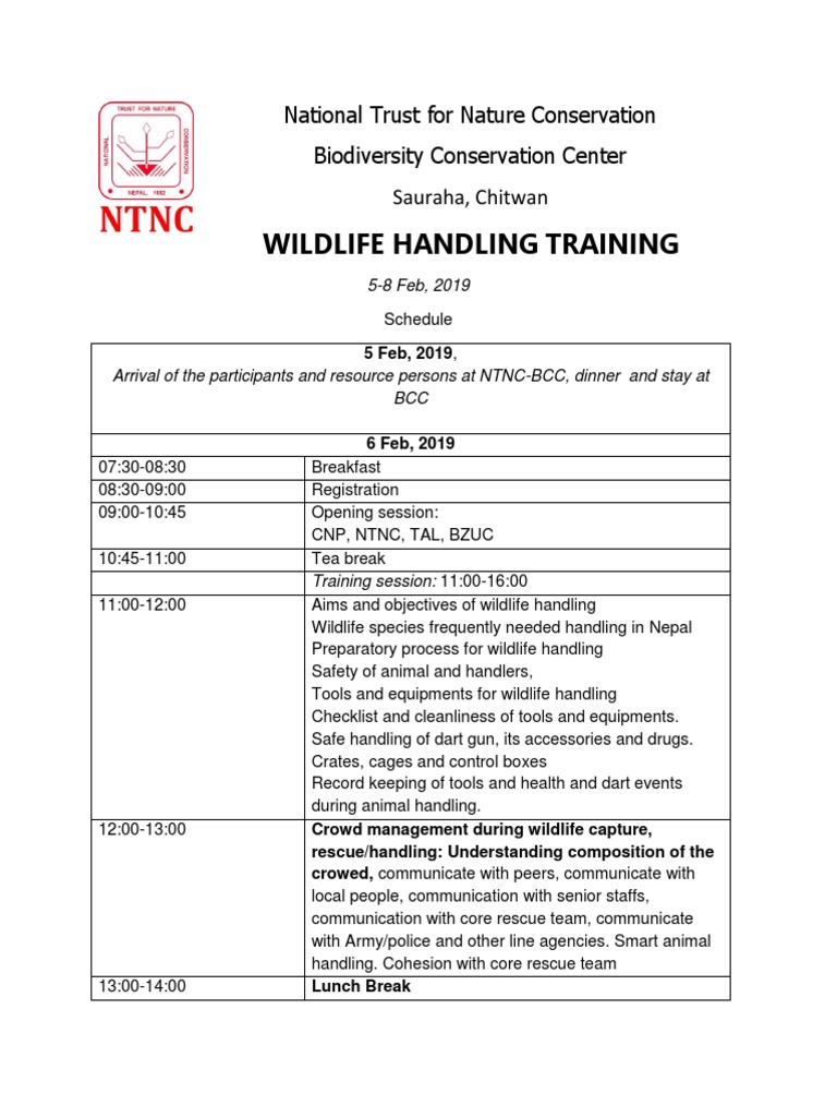 Wildlife Handling Training Schedule | PDF | Nature | Business