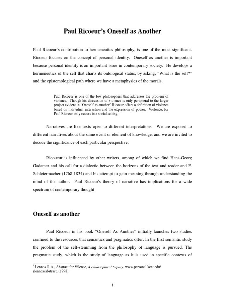Paul Ricoeur's Oneself As Another | PDF | Narrative | Identity (Social ...