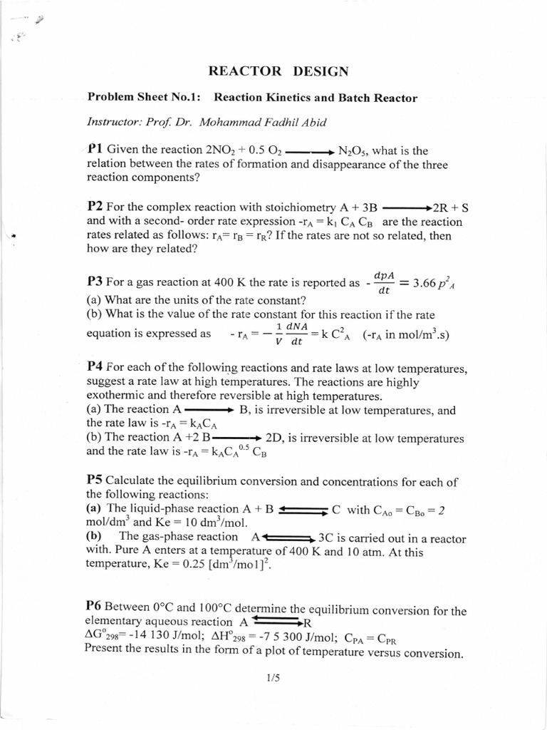 Reaactor 3 Sheet | PDF | Reaction Rate | Chemical Reactor