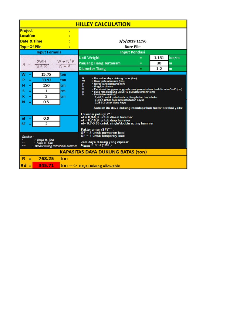 Hilley Calculation: Kapasitas Daya Dukung Batas (Ton) R 768.25 Ton RD ...