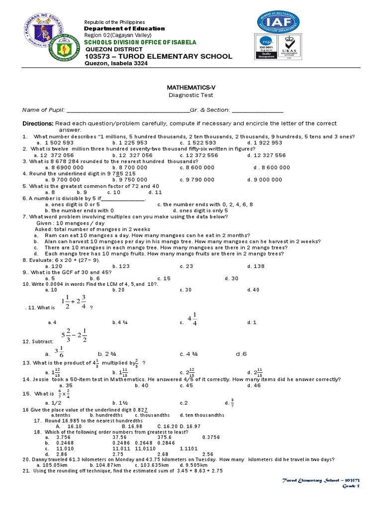 Diagnostic Test All Subjects.docx | Solution | Volume
