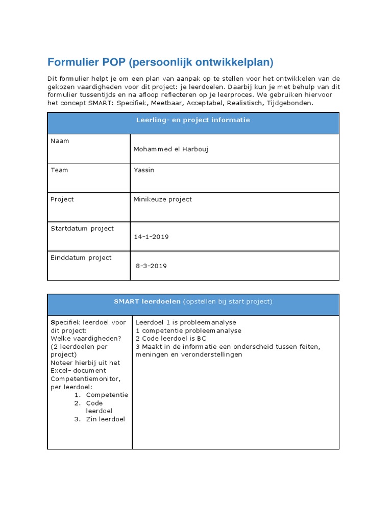 Formulier POP (Persoonlijk Ontwikkelplan) : Leerling-En Project ...