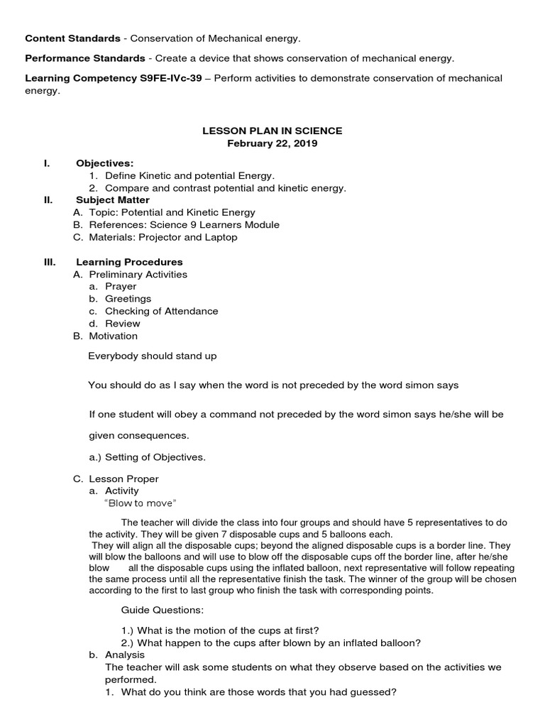 Lesson Plan For Kinetic and Potential Energy | PDF | Kinetic Energy ...