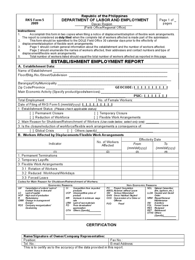Establishment Employment Report RKS-Form5 | PDF | Layoff | Employment