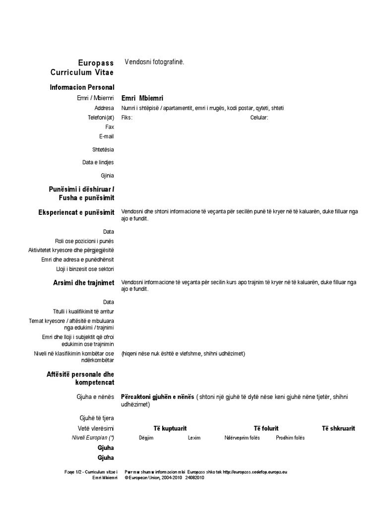 Europass Curriculum Vitae: Informacion Personal Emri Mbiemri | PDF