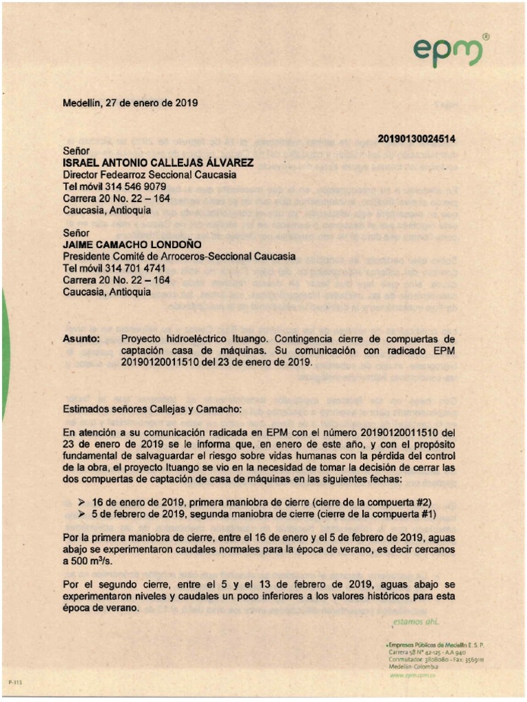 Carta de Arroceros A EPM | PDF