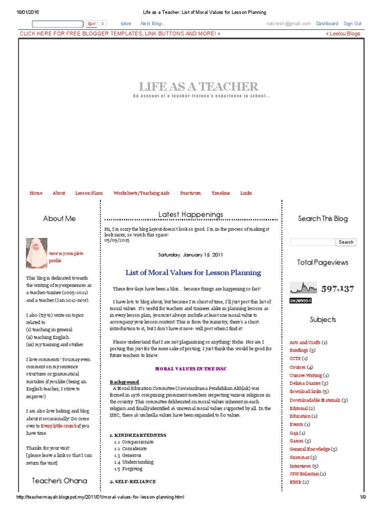 List of Moral Values For Lesson Planning | PDF | Communication | Cognition