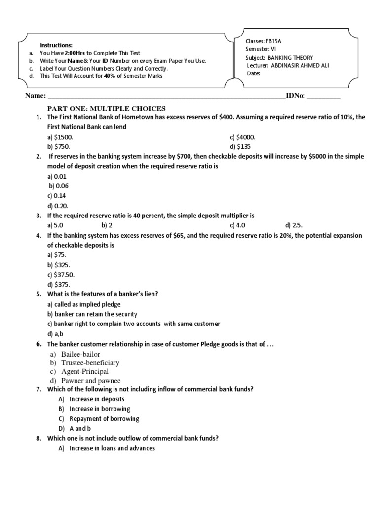 Bank Theory Pervious Exam Sheet | PDF | Commercial Bank | Banks