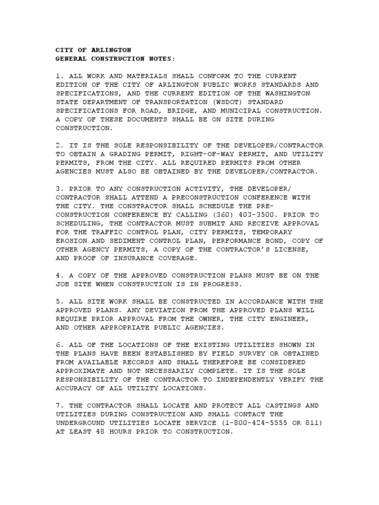 City of Arlington General Construction Notes | PDF | General Contractor ...