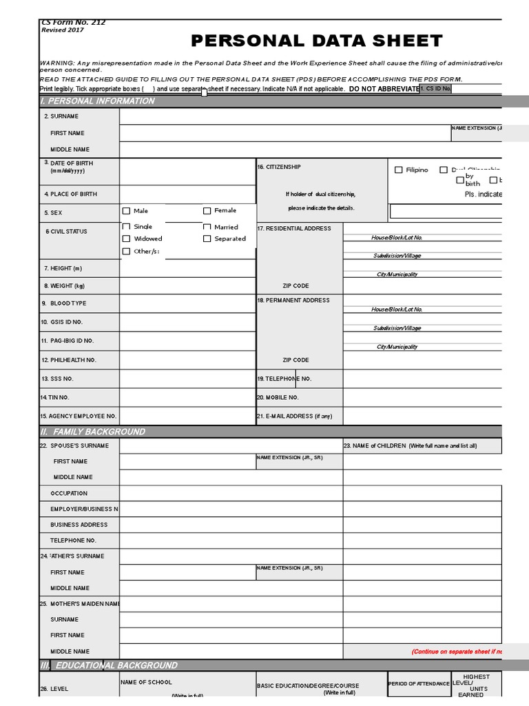 Personal Data Sheet (PDS) Template | PDF | Crime & Violence | Crime ...