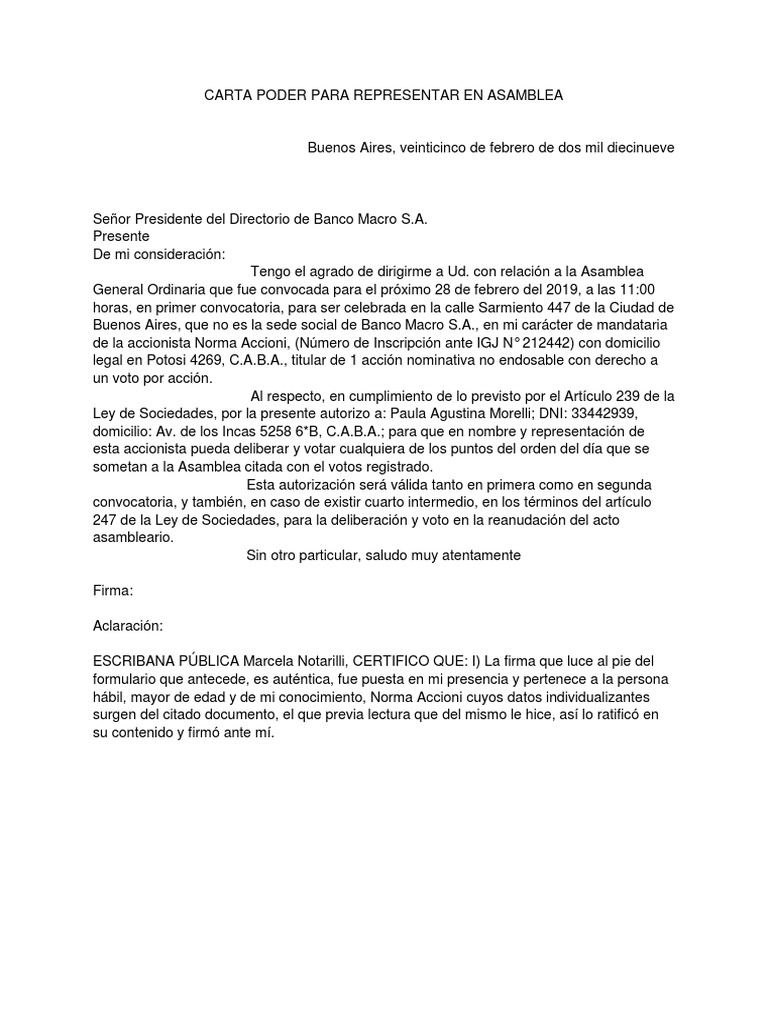 Carta Poder Para Representar En Asamblea Pdf