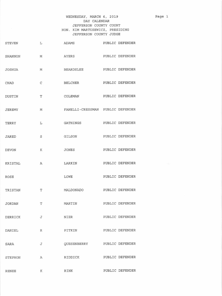 Jefferson County Court Calendar 2019 | PDF