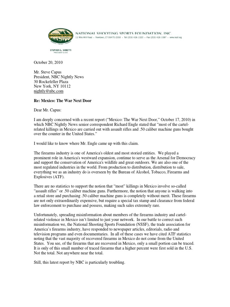 NSSF President Steve Sanetti NBC Letter | PDF | Bureau Of Alcohol ...