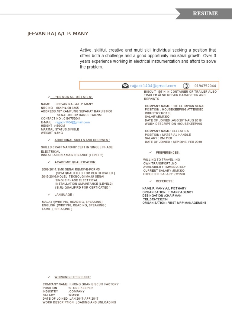 Jeevan Raj A/L P. Many: Resume | PDF | Malaysia | Southeast Asia
