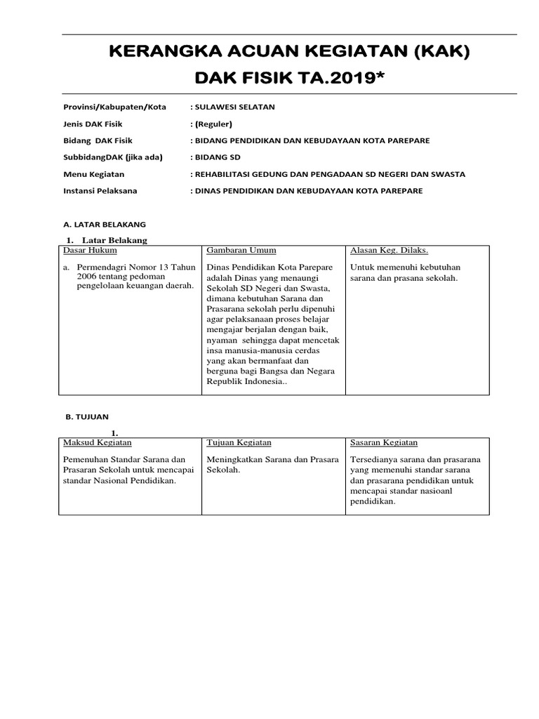 Kak SD Tor Proposal Kegiatan Dak Fisik Ta.2019 | PDF