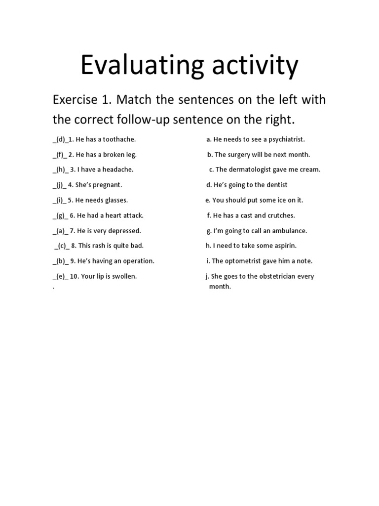 Evaluating Activity: Exercise 1. Match The Sentences On The Left With ...
