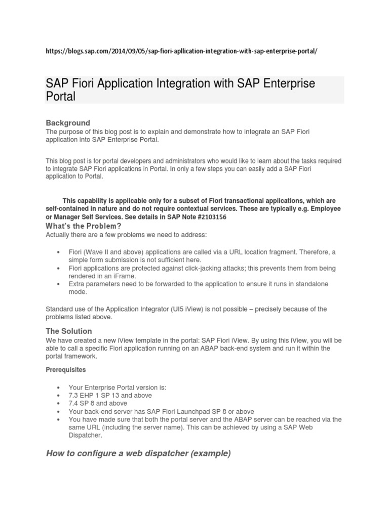 Sap Fiori Application Integration With Sap Enterprise Portal Pdf Hypertext Transfer Protocol