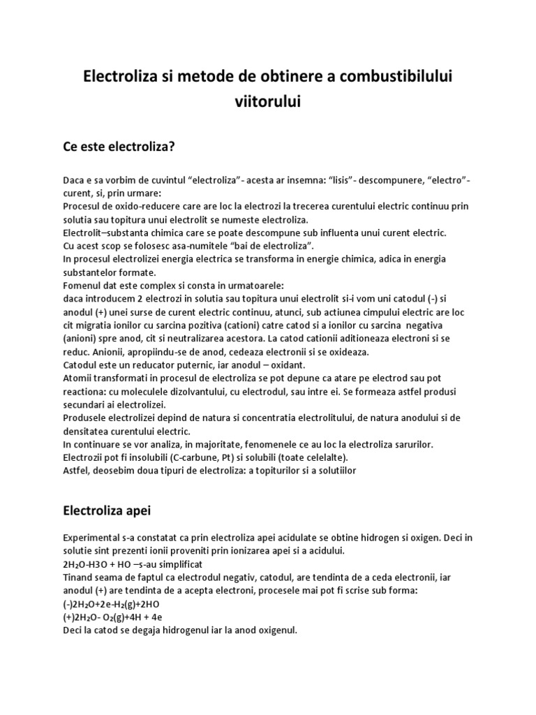 Electroliza Si Metode de Obtinere A Combustibilului Viitorului | PDF