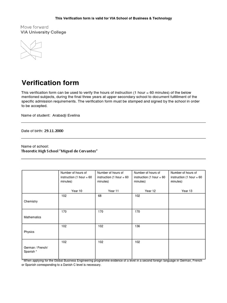 Verification Form: This Verification Form Is Valid For VIA School of ...