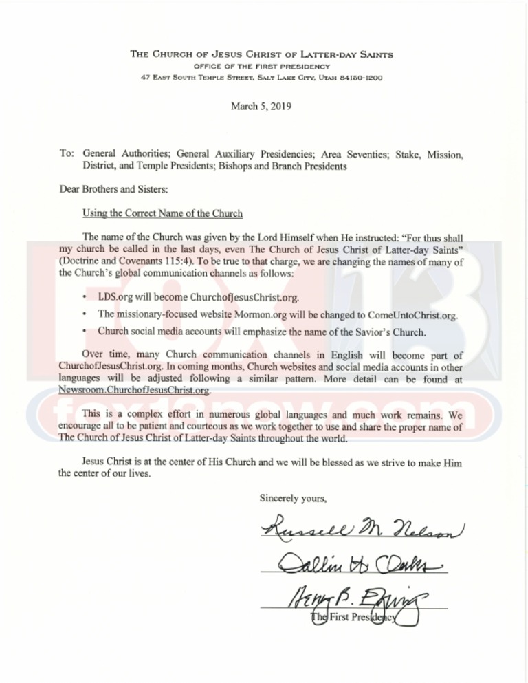 Letter to members from The Church of Jesus Christ of Latter-day Saints