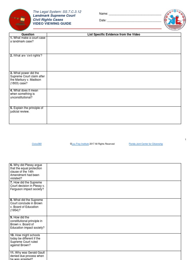 Video Viewing Guide: Landmark Supreme Court Civil Rights Cases | PDF ...