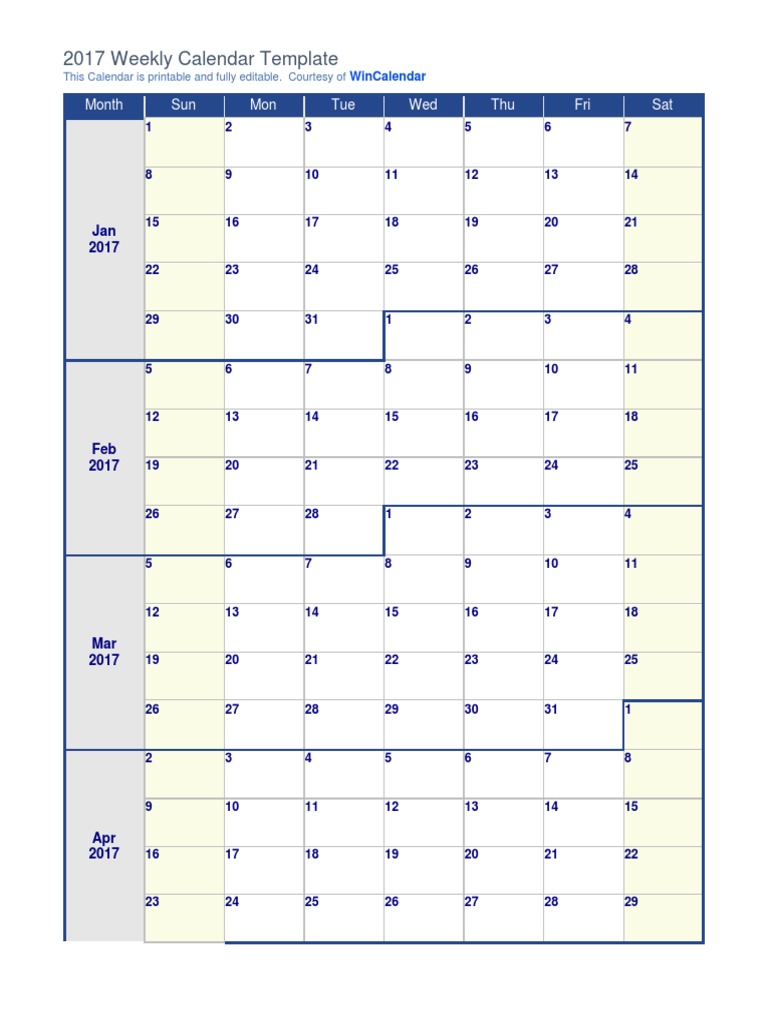 2017 Weekly Calendar Template: Month Sun Mon Tue Wed Thu Fri Sat ...