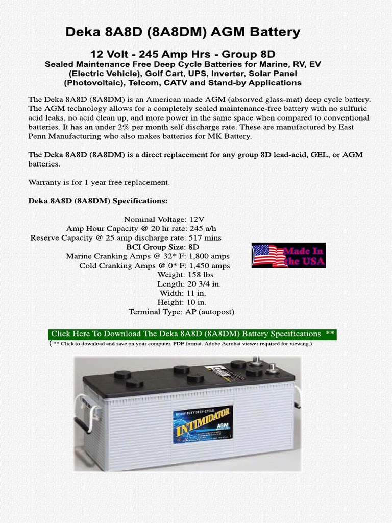 Deka 8A8D (8A8DM) AGM Battery: 12 Vol T - 245 Amp Hrs - Group 8D | PDF