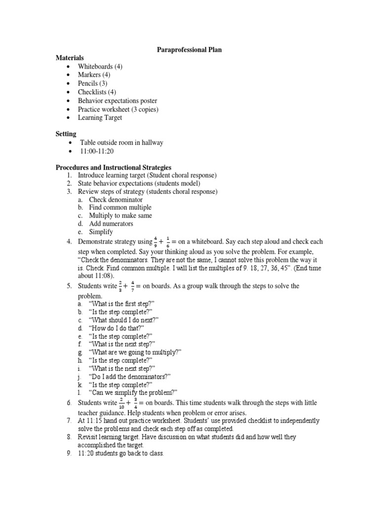 Paraprofessional Plan | PDF | Fraction (Mathematics) | Education Theory