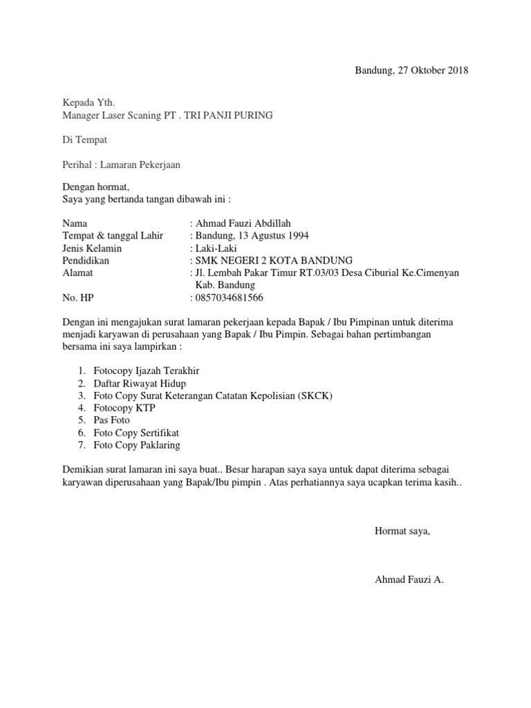 1 Surat Lamaran Kerja Pt Java Pratama Energi Pdf