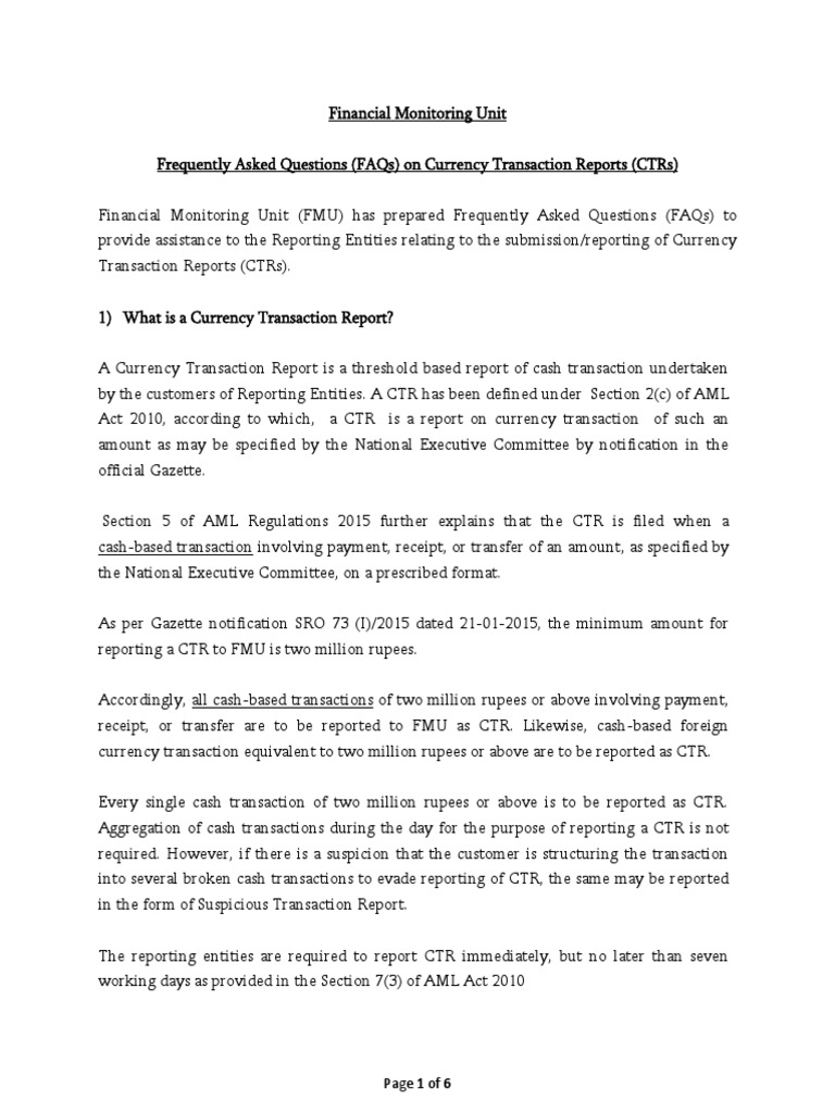 FMU FAQs on CTR Reporting | PDF | Money Laundering | Securities (Finance)