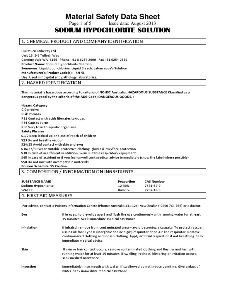 Sodium Hypochlorite Safety Data Sheet | PDF | Personal Protective ...