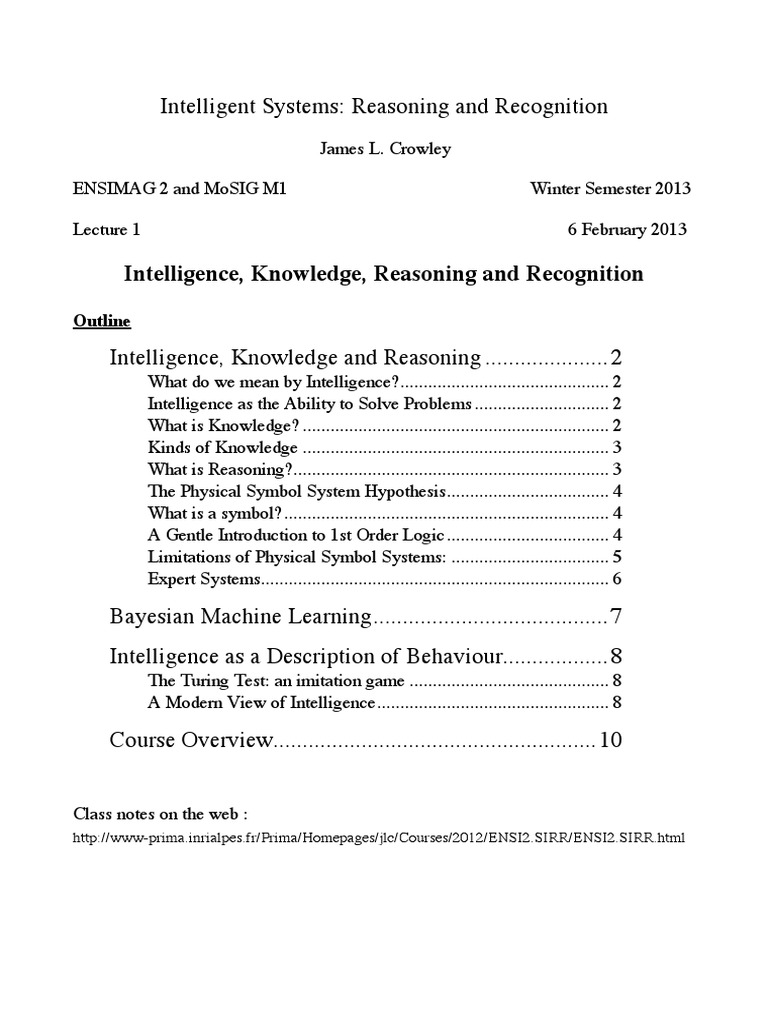 Intelligence, Knowledge, Reasoning and Recognition: Outline | PDF ...