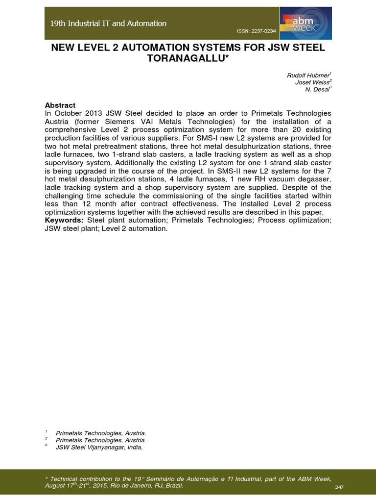 New Level 2 Automation Systems For JSW Steel Toranagallu : Rudolf ...