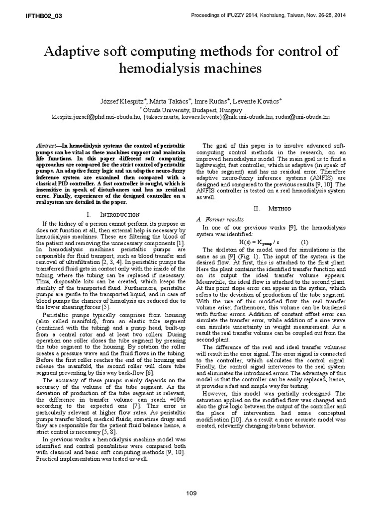 Adaptive Soft Computing Methods For Control of Hemodialysis Machines | PDF | Control Theory ...