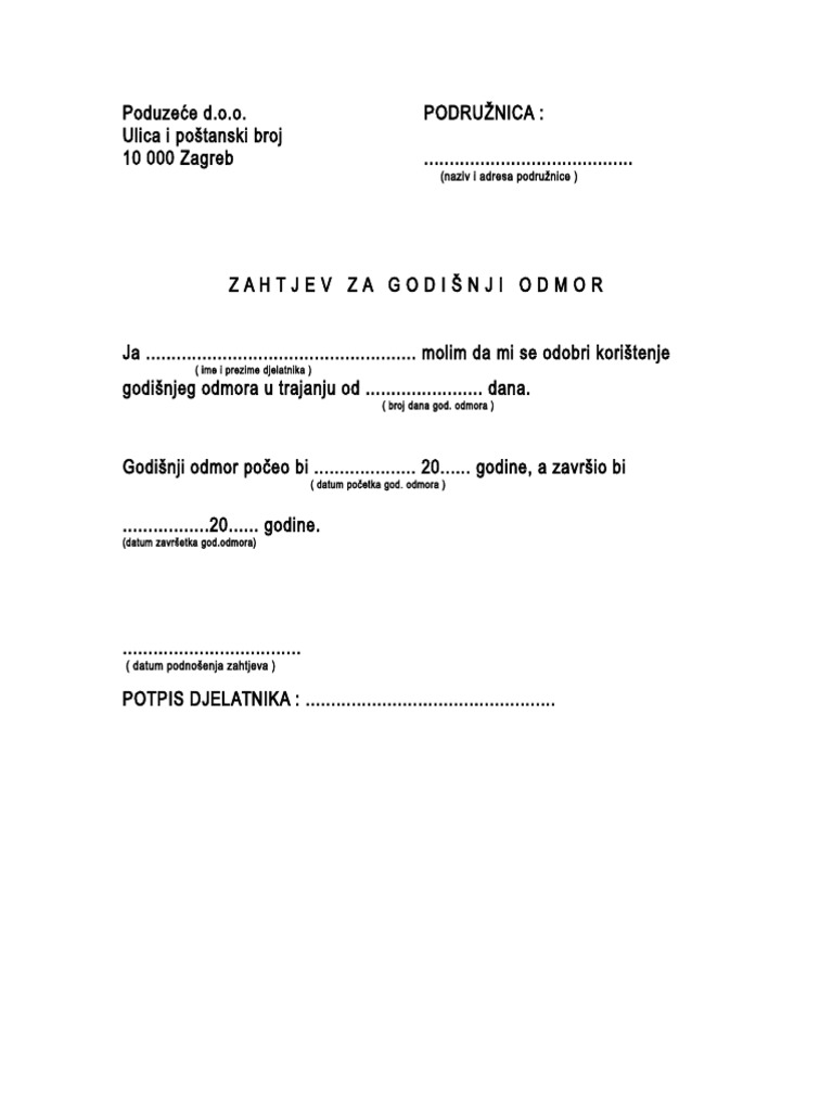 Zahtjev Za Godisnji Odmor | PDF