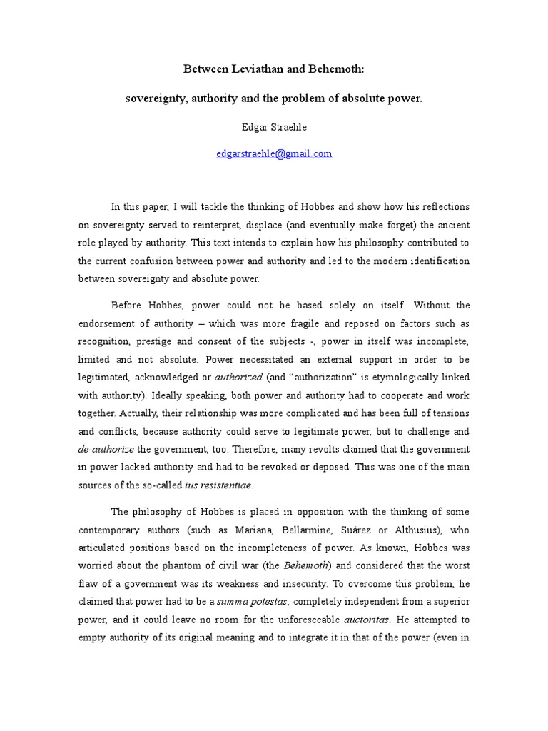 Hobbes. Between Leviathan and Behemoth | PDF | Sovereignty | Thomas Hobbes