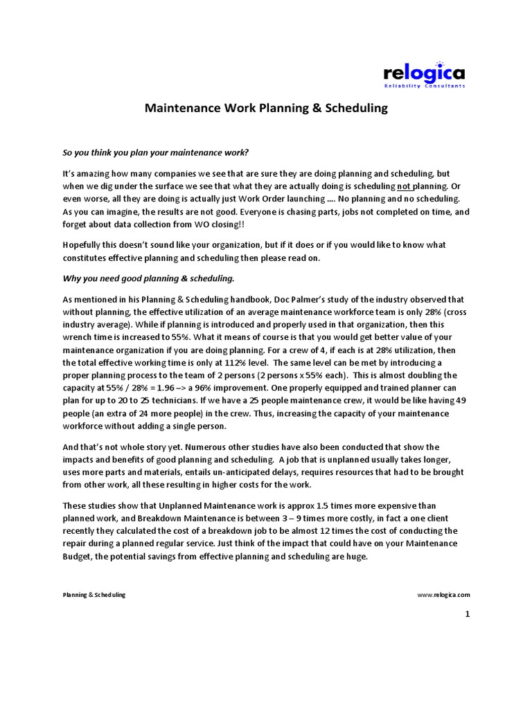 Maintenance Work Planning & Scheduling | PDF | Reliability Engineering ...